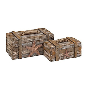 Deco 79 Wood Starfish Handmade Distressed Box with Knotted Rope Details, Set of 2 10", 7"W, Brown