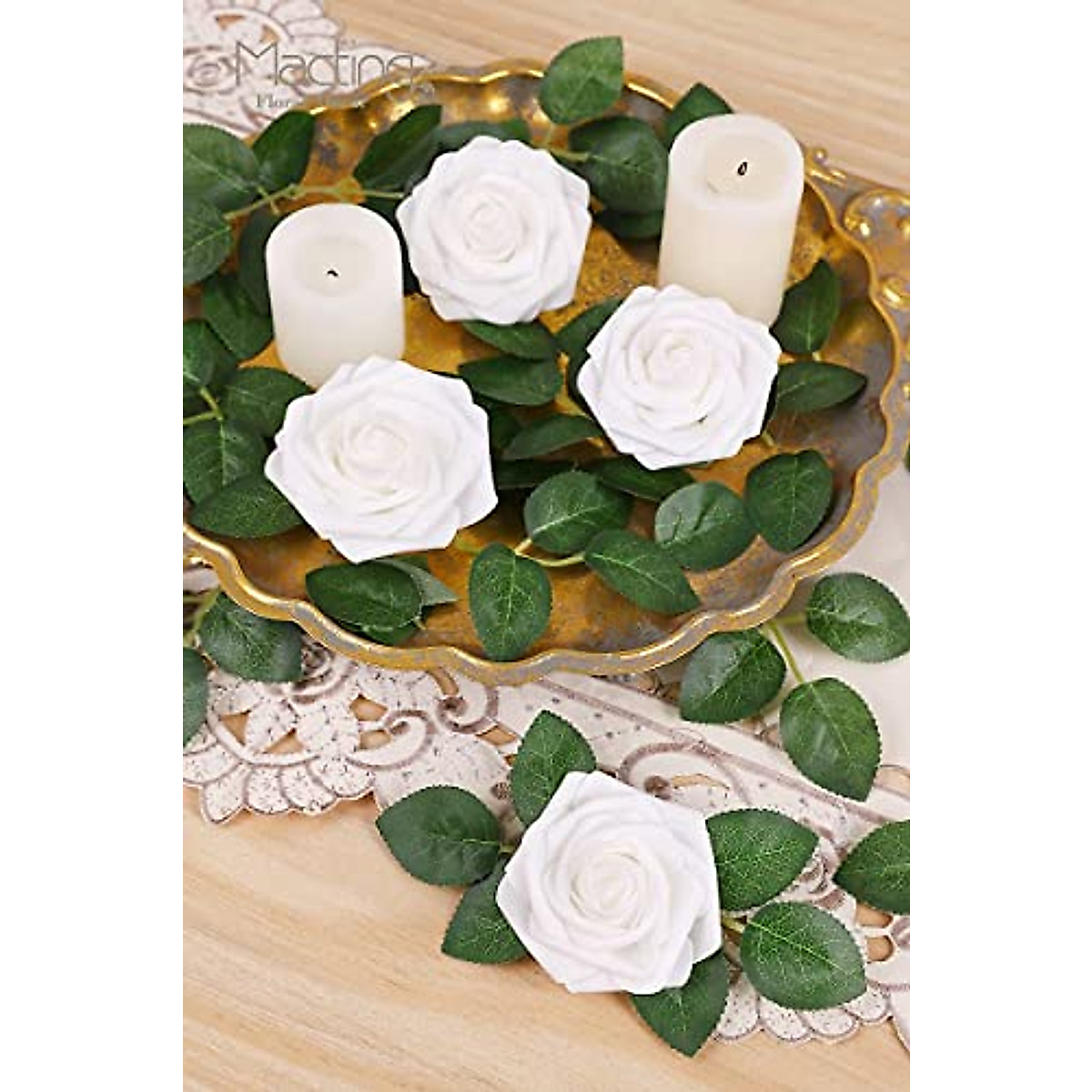 MACTING White Artificial Flowers 30pcs Real Touch Faux Flower Foam Fake Roses with Stems for DIY Wedding Bouquets Centerpieces Floral Arrangements Party Tables Home Decorations