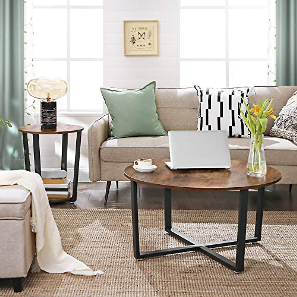 VASAGLE Round End Table with Storage Shelf, Side Tray for Small Space, Easy Assembly, Accent Furniture with Steel Frame, 19.7 x 19.7 x 22.4 (50 x 50 x 57 cm), Rustic Brown
