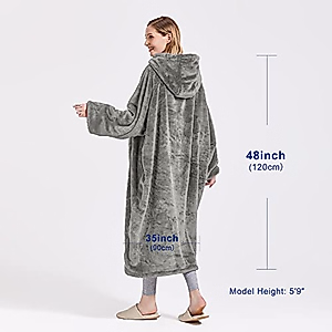 BOBOR Sweatshirt Blanket, Oversized Wearable Hoodie Fleece Blanket with Large Front Pocket for Adults, Men, Women, and Kids, Super Soft Fuzzy Warm Comfortable Flannel Blanket（Light Gray）