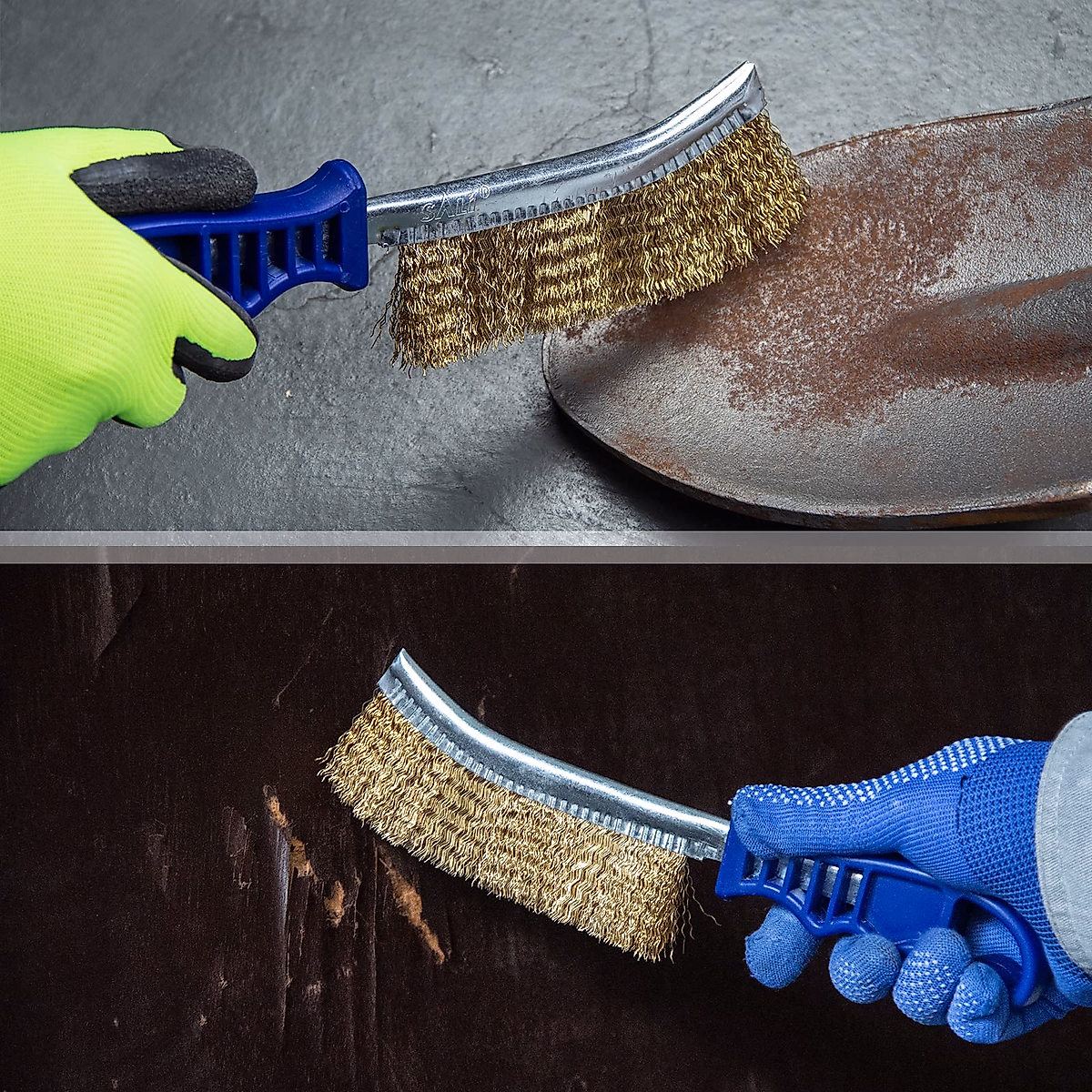 SALI Wire Brushes for Cleaning Rust Removal Heavy Duty Steel Brush Tool 11" Long Handle with Plastic Handle,for Automotive,Grill,Paint , Welding Slag&Household，More and Thicker Bristles Pack of 2