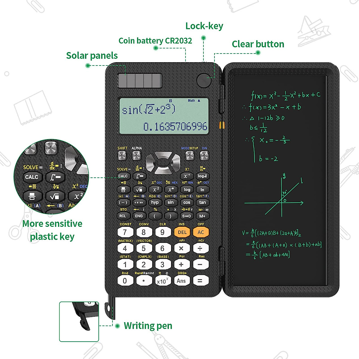NEWYES Scientific Calculators with Writing Tablet, Upgraded 991MS Solar Energy LCD Science Calculator Notepad with 349 Function, Professional Foldable Calculator for Students, School and College