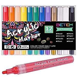 Betem Acrylic Paint Pens Paint markers for Rock Painting, Stone, Ceramic, Glass, Wood, Canvas. Premium Acrylic Paint Markers Art Supplies for Adults Kids DIY Crafts Making