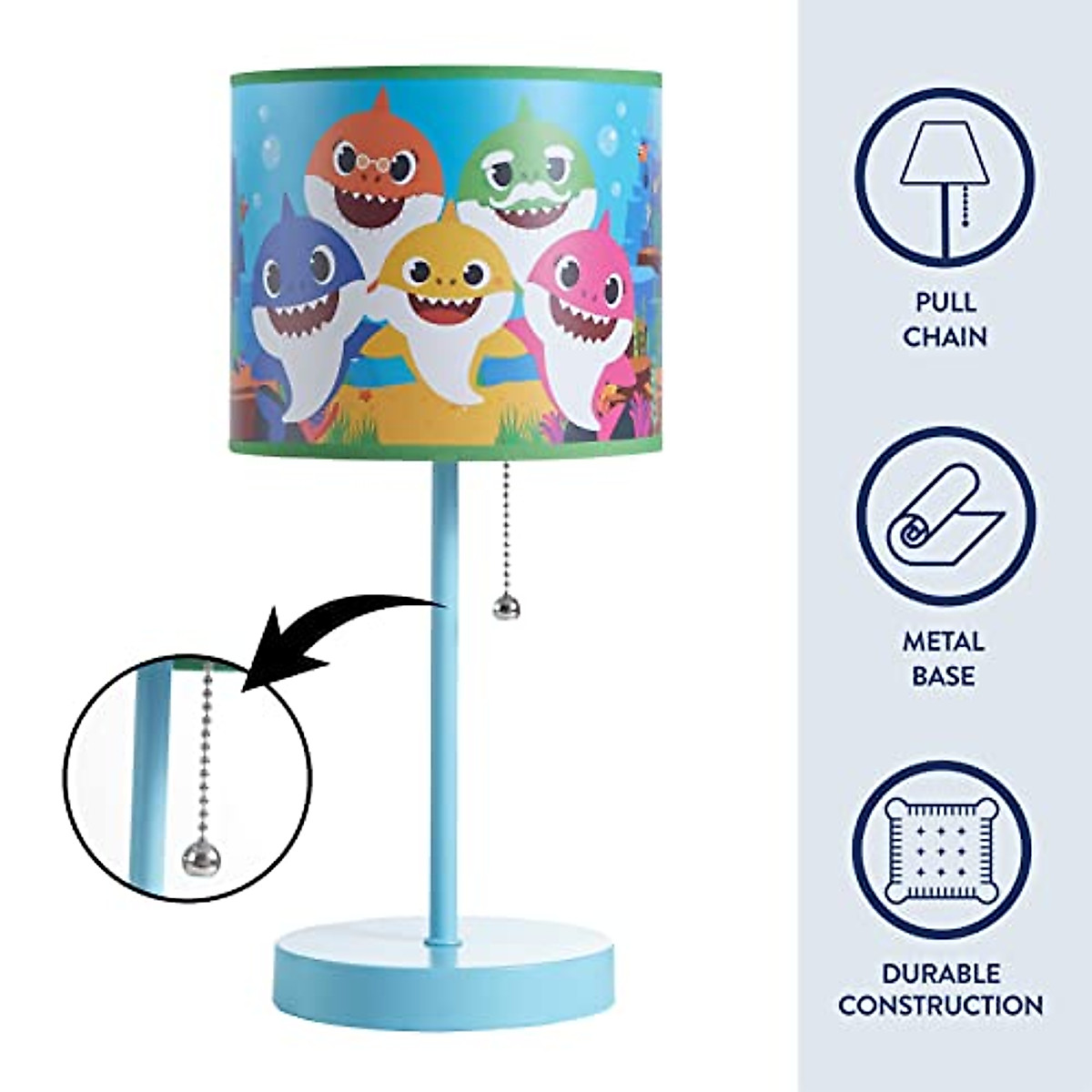 Idea Nuova Baby Shark Stick Table Kids Lamp with Pull Chain,Metal, Themed Printed Decorative Shade