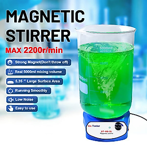 Xin Tester 5000ml Magnetic Stirrer, Stainless Steel Magnetic Mixer with Stir Bar, Magnetic Stir Plate for Sauces/Yeast Starters/Paint/Ink (No Heating) Max Stirring Rate: 2200RPM