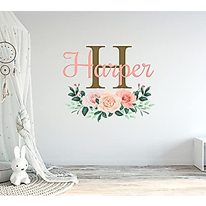 CuteDecals Flowers Custom Name & Initial Wall Decal - Personalized Peonies Art Decor Mural Girls Stickers For Nursery Bedroom Decoration (Mini Wide 15''x13'' Height)