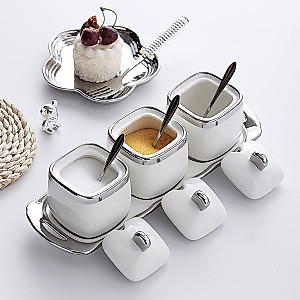 Fvstar Ceramic Sugar Bowls 3pcs Porcelain Seasoning Pots with Spoons,Lid and Tray Kitchen Spice Canister Jar Set Countertop Condiment Container for Sugar,Pepper,Coffee,Spice,Salt (White)
