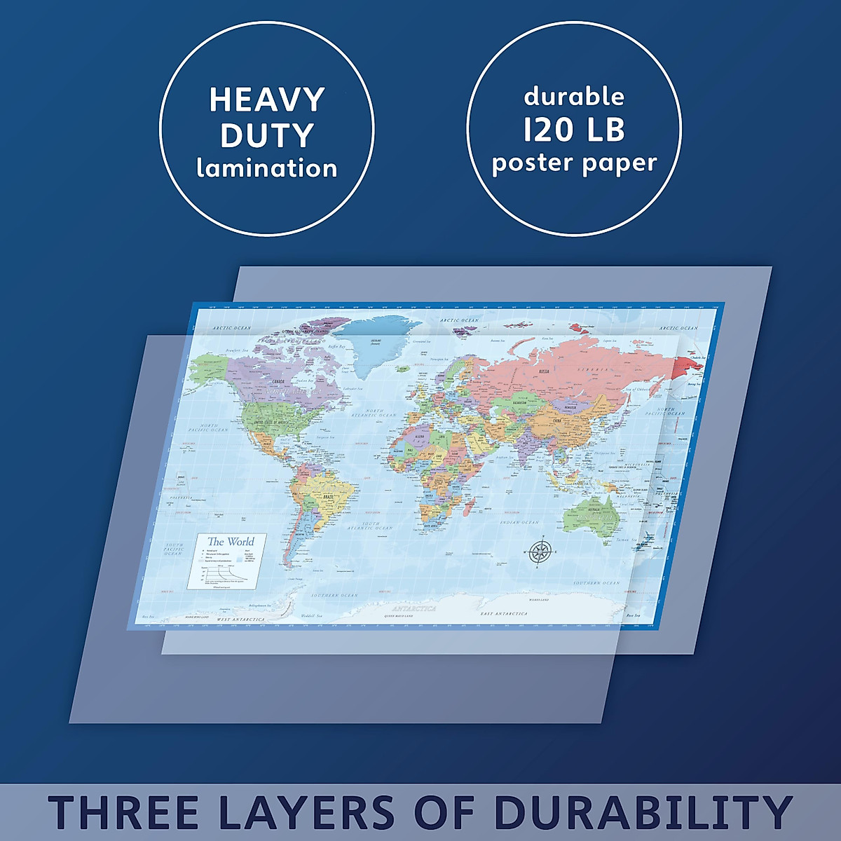 Laminated World Map - 18" x 29" - Wall Chart Map of the World - Made in the USA