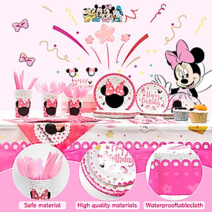 Min-niee Theme Birthday Party Supplies Tableware-113pcs Min-niee Tableware Set Include Min-niee Mou-ses Party Plates Cups Napkins Table Cloth& Spoon Set etc Party Decor, Serves 16