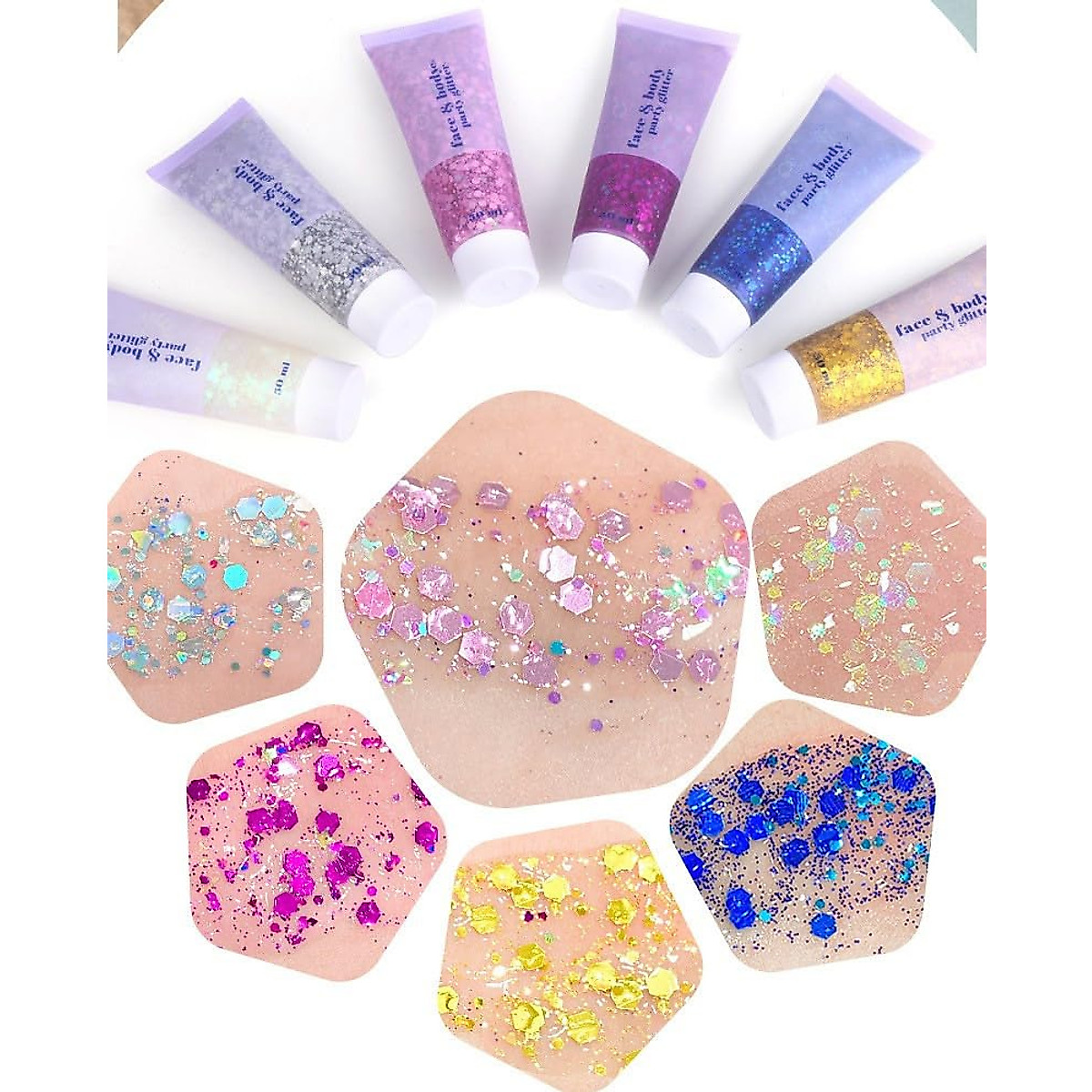 2 Colors Body Glitter Gel, Face Glitter Body Gel Sequins Shimmer Liquid Eyeshadow, Holographic Glitter Gel Festival Glitter Makeup.(03#Pink+06White)