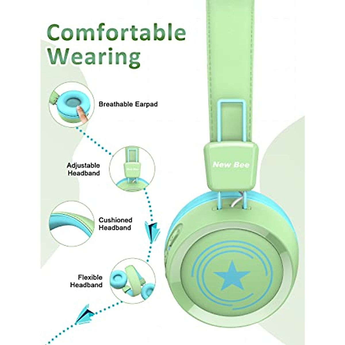 New bee Kids Bluetooth Headphones with Microphone Bluetooth 5.0 Wireless Kids Headphones with 32H Playtime/94dB Volume Limited On Ear Headphones for School/Girls/Boys/iPad/Fire Tablet(Matcha Green)