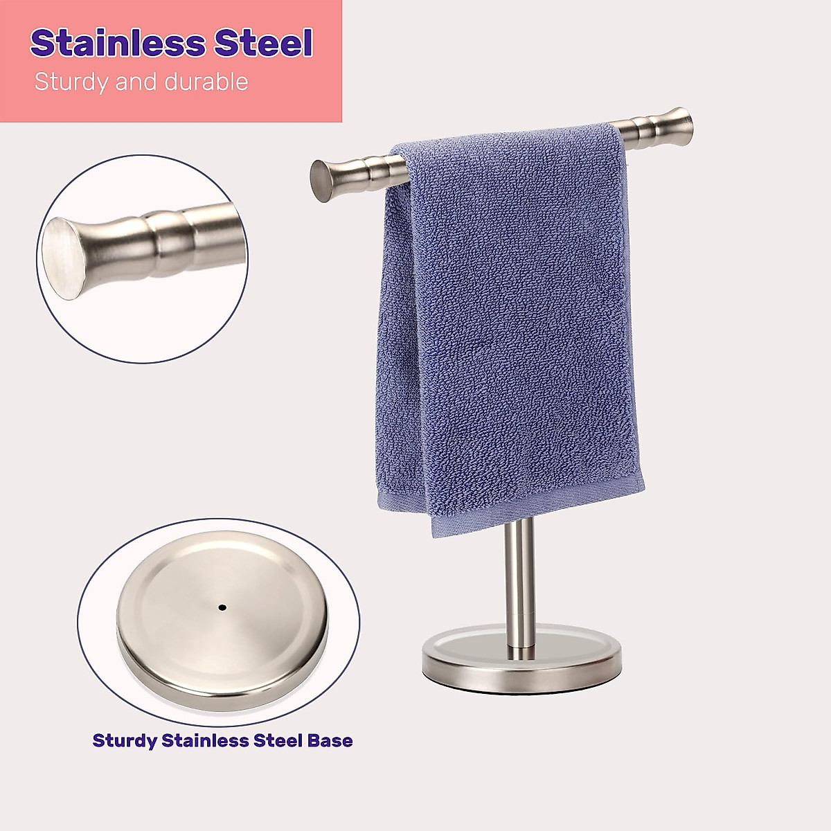 Sfemn Hand Towel Holder Stand for Bathroom Vanity Countertop SUS304 Stainless Steel T-Shape Free Standing Towel Rack Stand Towel Bar for Bathroom Kitchen (Brushed Nickel)
