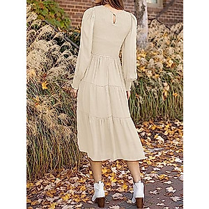 ZESICA Women's 2023 Casual Long Sleeve Crew Neck High Waist Smocked Flowy Tiered Midi Dress,Beige,Medium