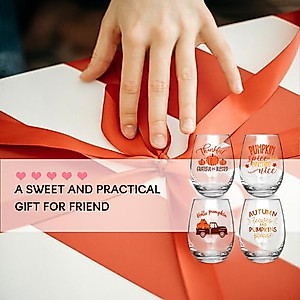 CNVOILA Fall Wine Glass Set: Stemless Drinking Glasses & Cups for Thanksgiving, Autumm Halloween Decor & Decorations, Pumpkin Mugs Cuos Perfect Fall Gifts 4pc