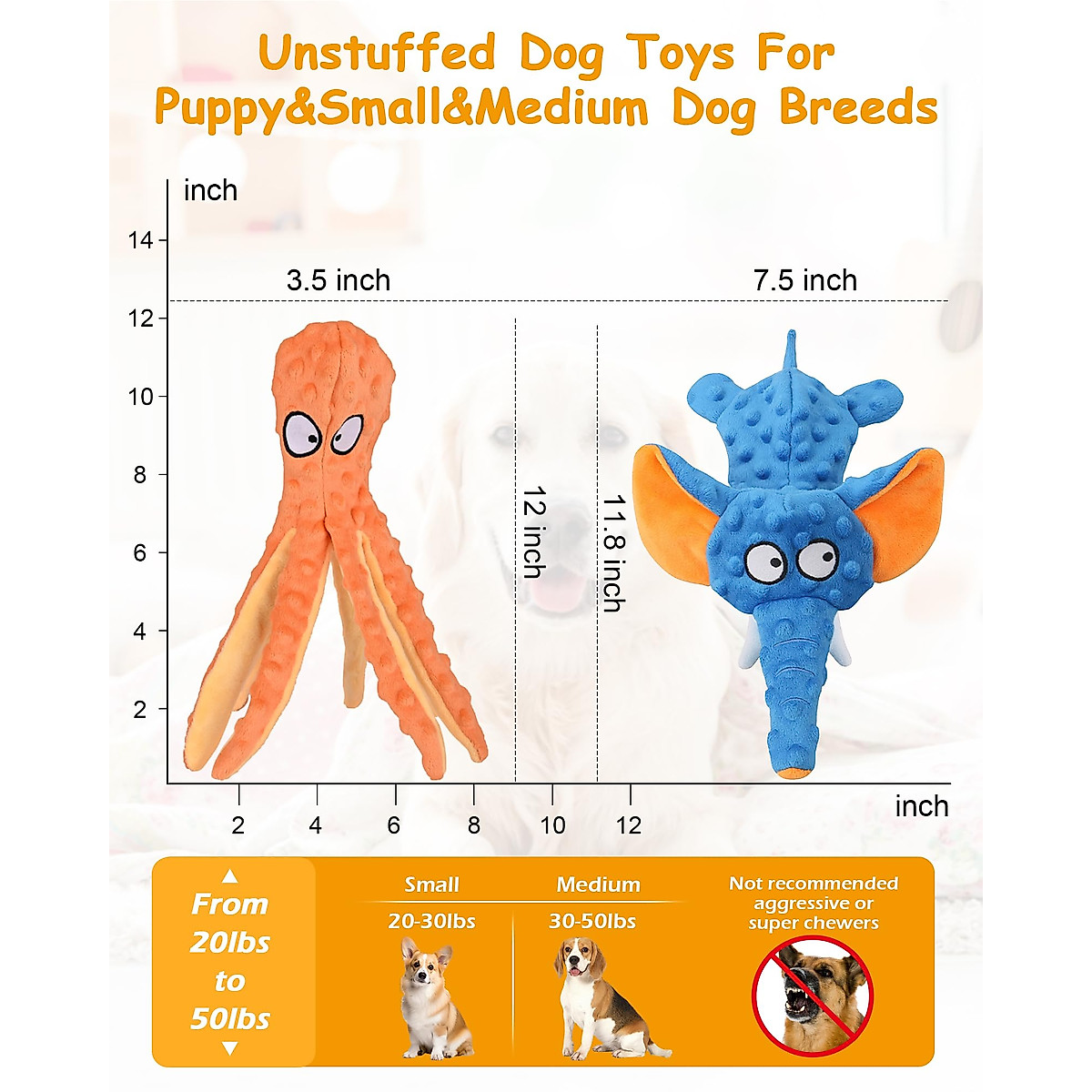 2 Pcs Dog Toys, Squeaky Dog Toys, No Stuffing Plush Dog Toys, Chew Toys with Crinkle for Puppy Teething, Durable Pet Toys for Small Medium Dogs, Elephant Blue + Octopus Dog Toys