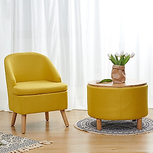 Simple&Opulence Modern Round Storage Coffee Table Ottoman for Living Room Bedroom, Accent Drum Side Table, Nightstand, Footstool, Sofa End Table with Wood Lid Tray and Solid Wood Legs (Yellow)