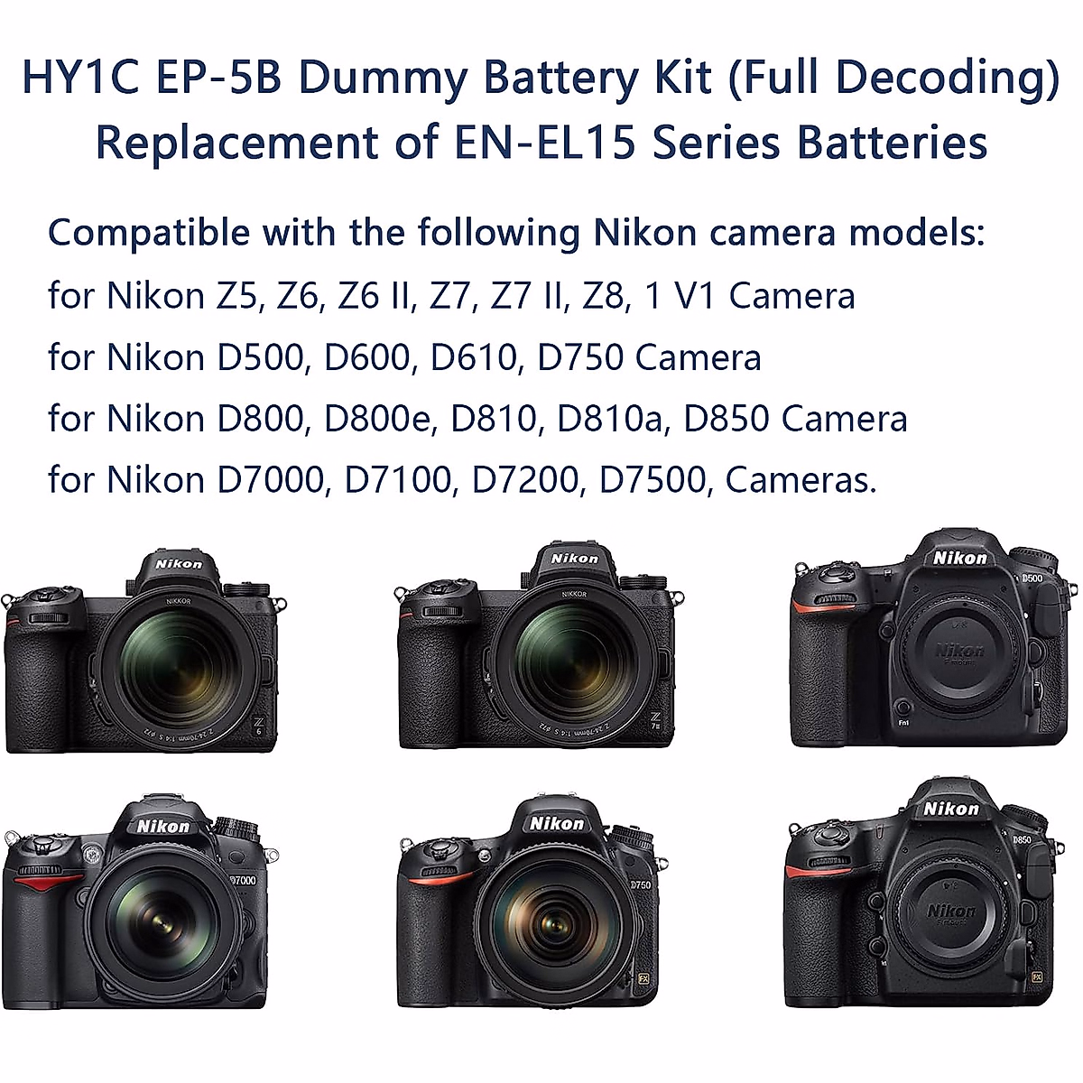 HY1C EP-5B Power Supply Connector EH-5 AC Adapter EN-EL15 Dummy Battery Kit for Nikon Z5, Z6, Z6 II, Z7, Z7 II, Z8, D500 D610 D750 D780 D800 D800e D810 D810a D850 D7000 D7100 D7200 D7500 Cameras