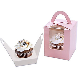EUSOAR Cupcake Boxes Carriers, 50pcs Pink Single Individual Cupcake Boxes Holders Containers, Portable Paper Muffin Gift Boxes with Window Inserts Handle, for Wedding Birthday Party Treats Boxes