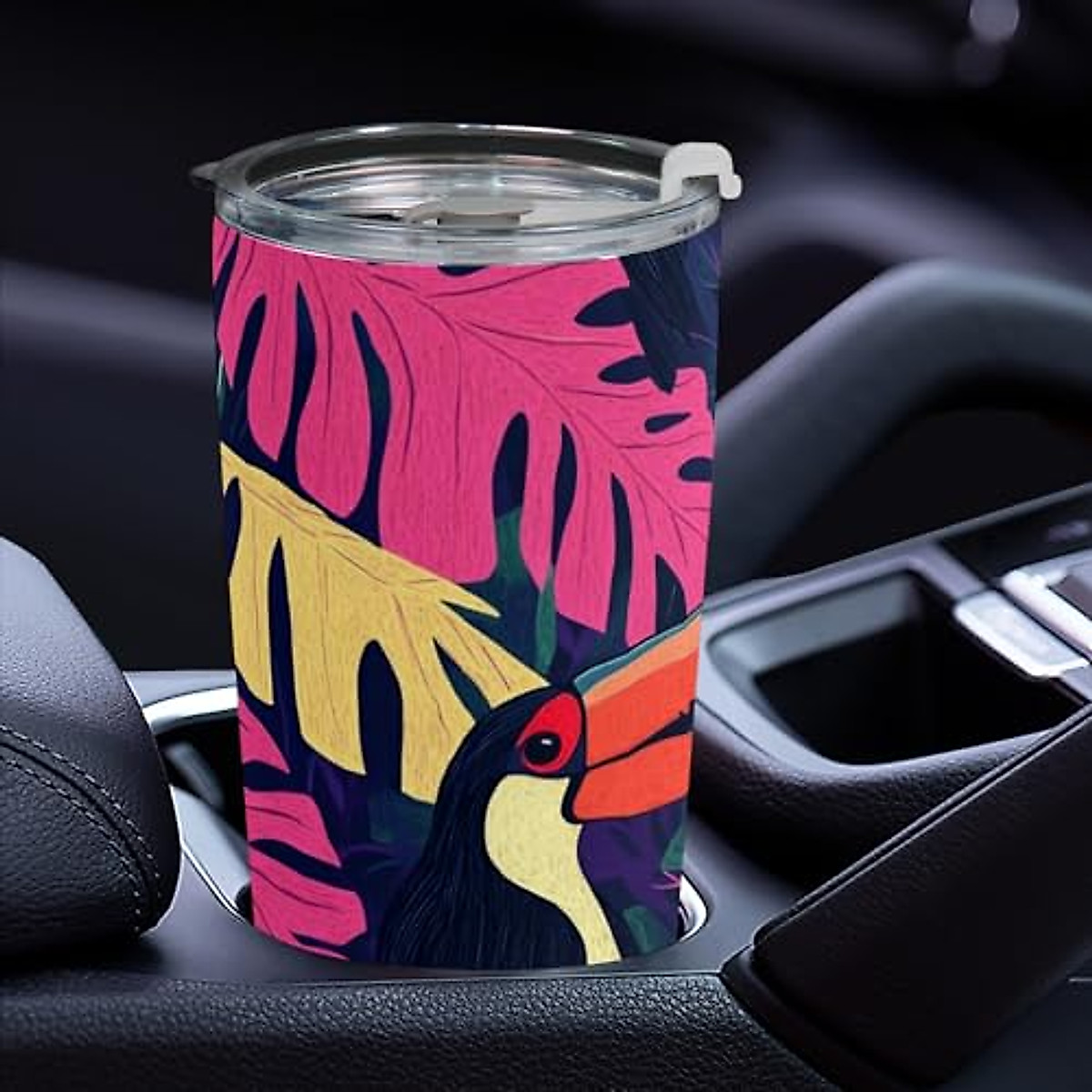 QWEUIOP 20oz Insulated Travel Coffee Mug Toucan Pattern Summer Stainless Steel Tumbler with Lid Double Wall Vacuum Coffee Cup For Hot and Cold Drinks14327