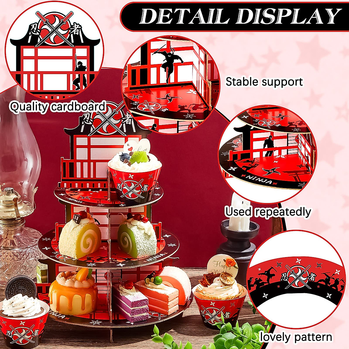 25 Pcs Ninja Party Decorations 3 Tier Ninja Cupcake Stand Ninja Birthday Party Supplies Ninja Cupcake Wrapper Ninja Cupcake Holder for Boys Birthday