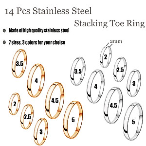 MJust 14PCS 1mm Stainless Steel Women's Plain Band Knuckle Stacking Midi Toe Rings Comfort Fit