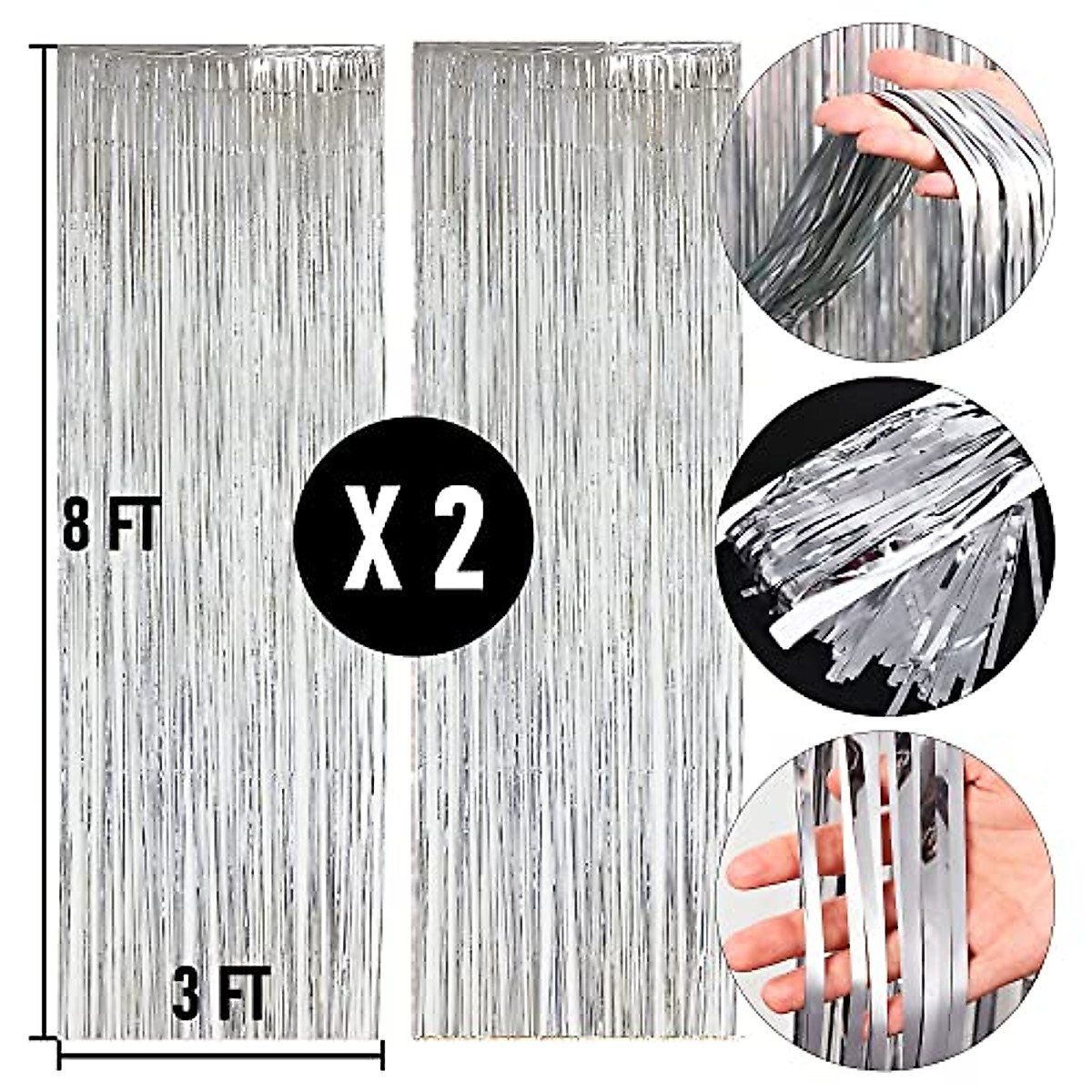 Dazzle Bright Backdrop Curtain, 3FT x 8FT Metallic Tinsel Foil Fringe Curtains Photo Booth Background for Baby Shower Party Birthday Wedding Engagement Bridal Shower (4, Silver)