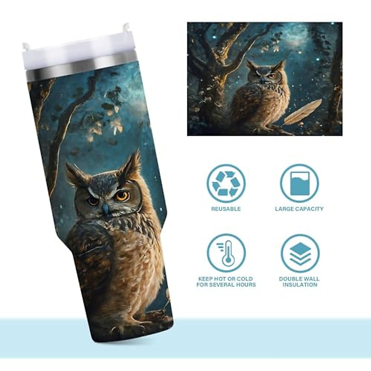Maunzc 30 oz Tumbler with Handle and Straw, Insulated Stainless Steel Travel Mug with Lid for Coffee, Iced Tea, Water, Gift for Men Women (Owl Quill Night)