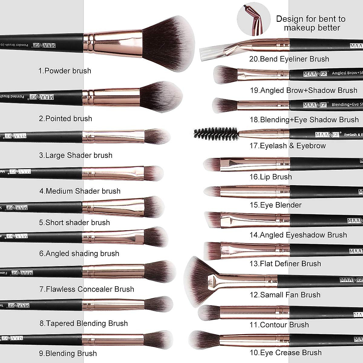 Makeup Brushes Set, 20 Pcs Professional Travel Make Up Brushes, Foundation Eyeshadow Blush Brush, Kabuki Blending Concealers Face Powder Eye Makeup Brush Sets（Black Gold)