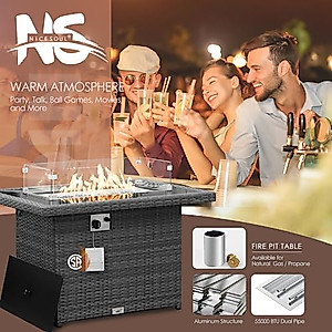 High-Craft 43'' Rectangular Patio Propane Fire Pit Table Gray PE Wicker 55,000 BTU H-Burner Dural Heating Outdoor Firepits 8mm Glass Top & Aluminum Frame Anti-Rust with Cover & Windguard
