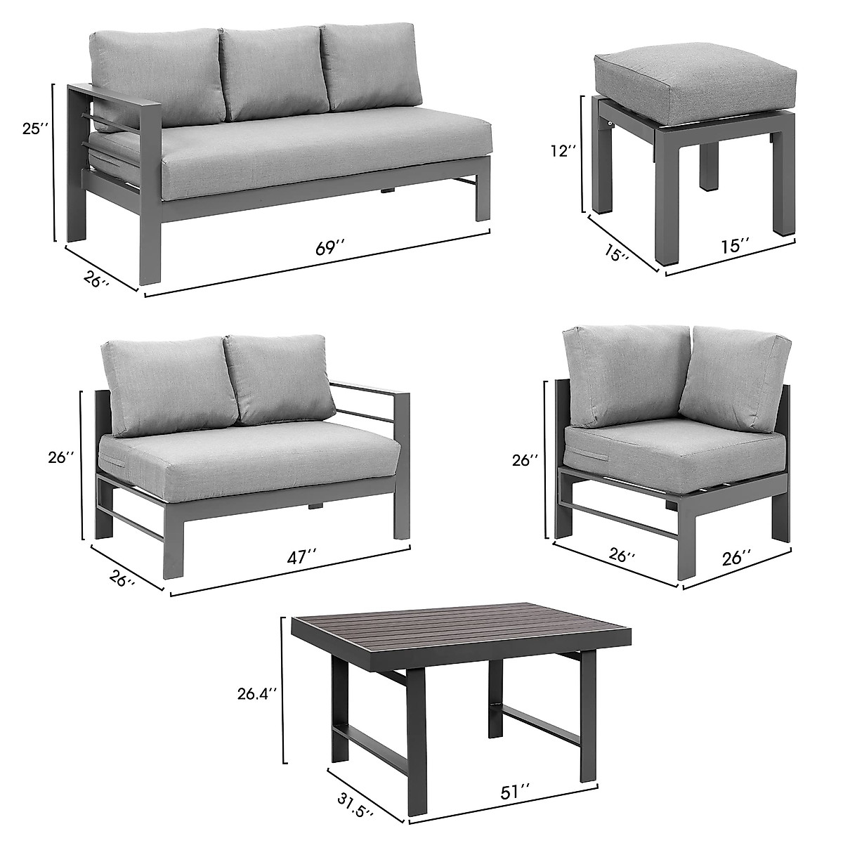 Wisteria Lane Aluminum Outdoor Patio Furniture Set, Metal Outside Patio Furniture Conversation Sets with Dining Table&2 Ottomans, Sectional Sofa Couch Seating Set with Cushion for Backyard