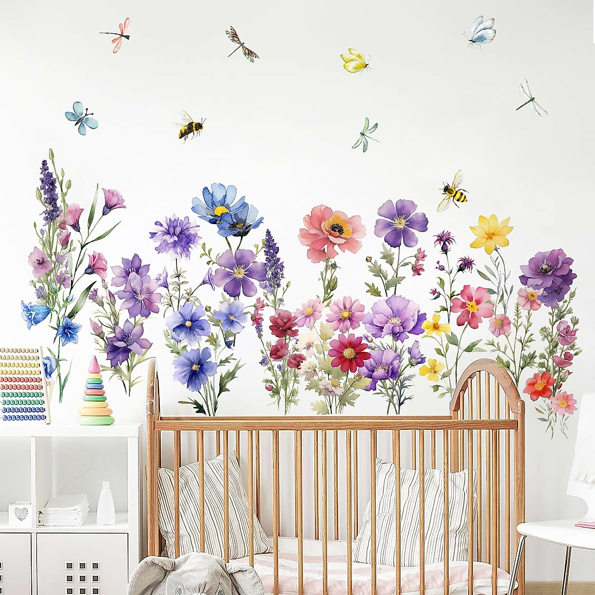 9 Pieces Flowers Wall Decals Flower Decals for Walls Vinyl Flowers Wall Stickers Peel and Stick Removable Butterfly Spring Floral Wall Decals Wall Art Decals Decor for Girls Bedroom Living Room