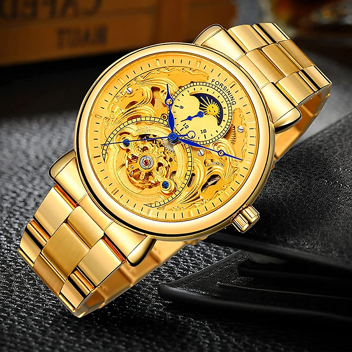 Tiong Mens Skeleton Automatic Mechanical Watch Golden Vintage Moon Phase Steel Male Wristwatch