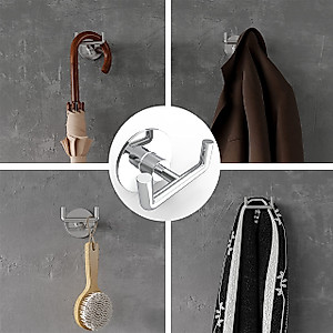 Ruacq Adhesive Double Towel Hook Chrome Round Base Bathroom Robe Self-Adhesive Towel Holder Hand Towel Hanger Stainless Steel and Zinc Alloy Modern Polished Chrome 2 Pack