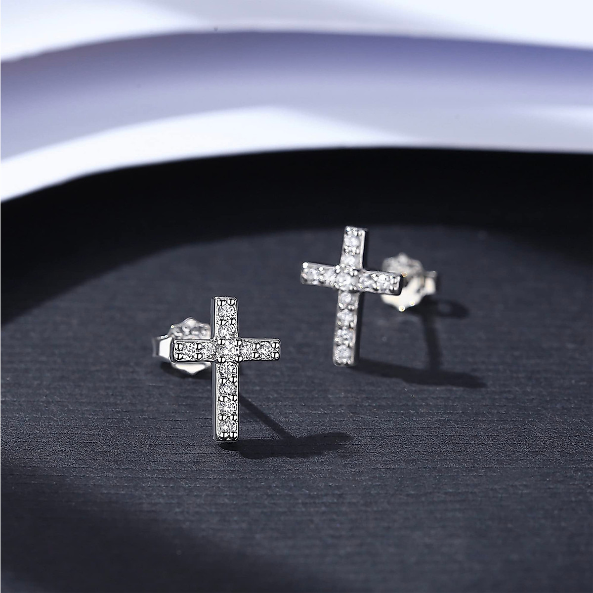 S925 Sterling Silver Dainty Small Tiny Cross with Pave Clear Cubic Zirconia Stud Earrings Fashion Jewelry for Women