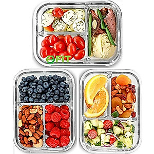 FIT Strong & Healthy 3 Compartment Glass Meal Prep Containers (3 Pack, 32 oz) - Glass Food Storage Containers with Lids, Glass Lunch Box, Glass Bento Box Lunch Containers, Portion Control, Airtight