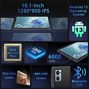 Oangcc Android 13 Tablet 2024 Newest 10 Inch Tablets with 12GB RAM +128GB ROM +1TB Expanded Octa-Core, 2 in 1 Tablet with Keyboard Mouse 5G Wi-Fi Blue/Tooth GMS Certified GPS - Black