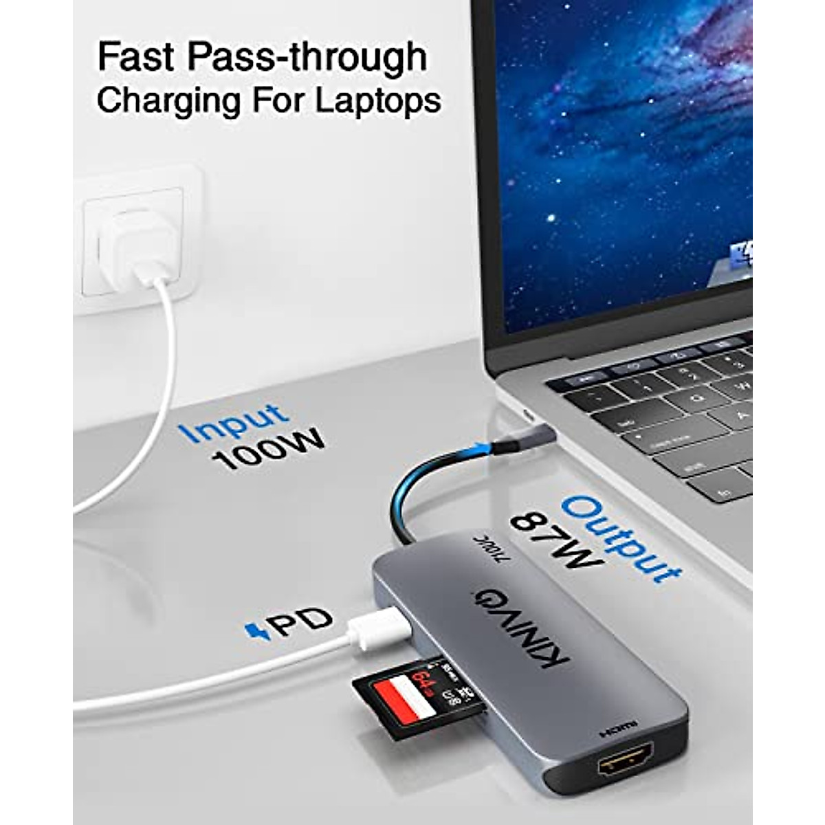 Kinivo 710UC USB C Hub (7 Port USB-C Adapter- 3 USB 3.0-5Gbps Data, 4K HDMI, 100W PD, SD, TF Card Reader) - Compatible with MacBook Pro Air (Thunderbolt 3), iPad Pro, Chromebook, XPS, Samsung