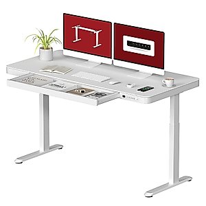 SANODESK Standing Desk with Drawer, Electric Height Adjustable Home Office Desk with Storage & USB Ports, 55 inch White Wood Tabletop/White Frame