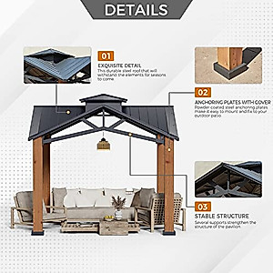 Erinnyees 12' x 12' Octagonal Hardtop Gazebo, Aluminum Frame with Wood Grain Finish, Double-layer Galvanized Steel Roof, Fully Enclosed Sidewall, Easy to Assemble