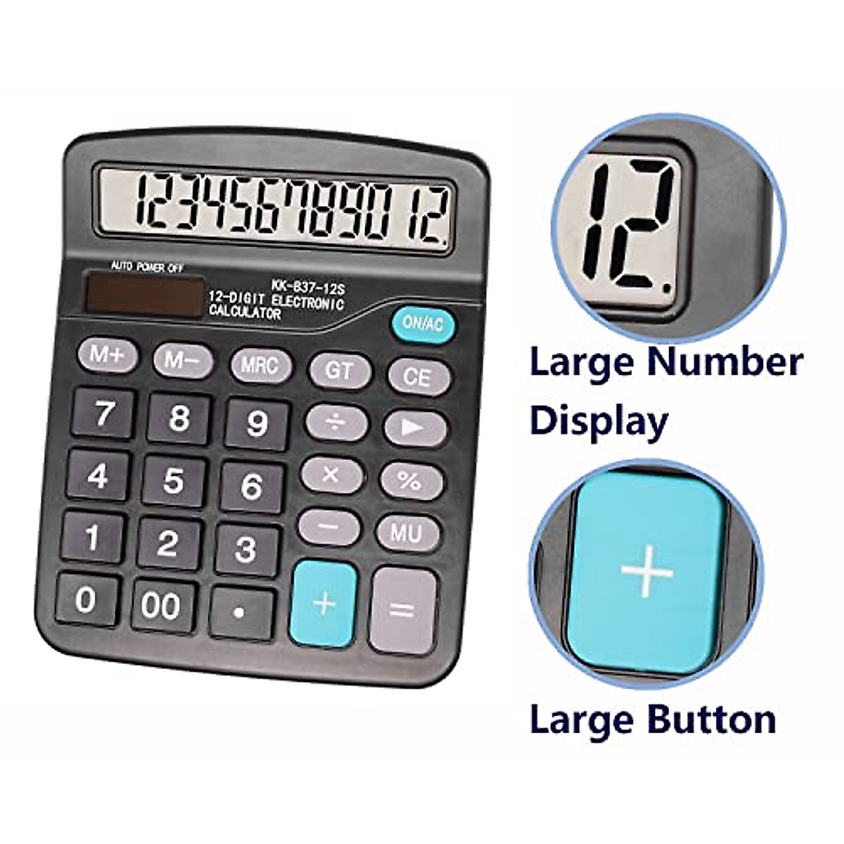 LIJUST Calculators, KK-837-12S Standard Function Desktop Calculator, 12 Digit Large LCD Display, Battery and Solar Powered Basic Calculators for Office, Primary School, Market or Home Use, Black