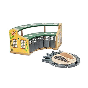 maxim enterprise, inc. Wooden Train Round House Combo with Rotating Turntable, Train Shed to House 5 Engines or Cars, Wooden Train Track Accessories Compatible with Major Brand Railway Sets
