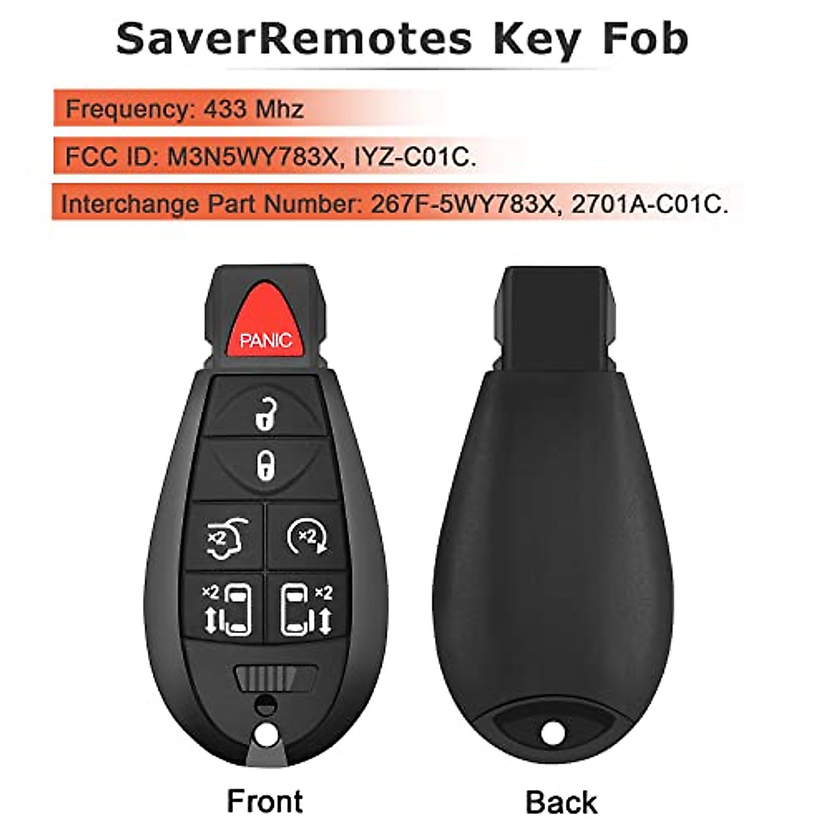 SaverRemotes 7 Button Key Fob Compatible for 2008-2015 Chrysler Town and Country, 2008-2014 Dodge Grand Caravan