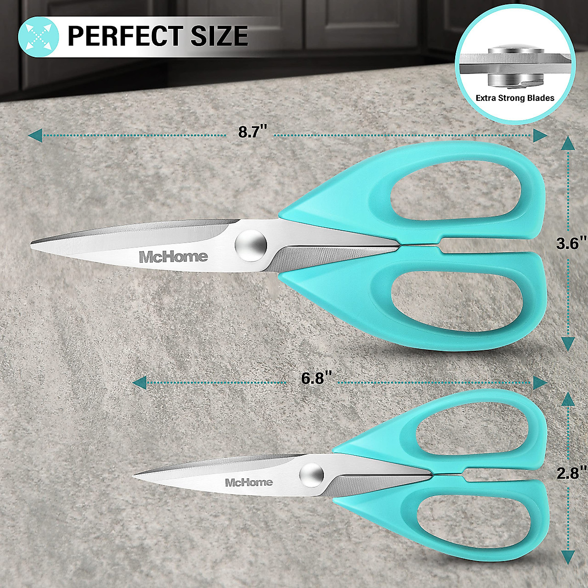McHome MHS11 Kitchen Scissors, 2-Pack Heavy Duty Kitchen Shears, Stainless Steel Meat Cutting Scissors, Sharp Cooking Scissors for Chicken, Seafood, Poultry, Herbs, Turquoise(8.7+ 6.8 INCH)