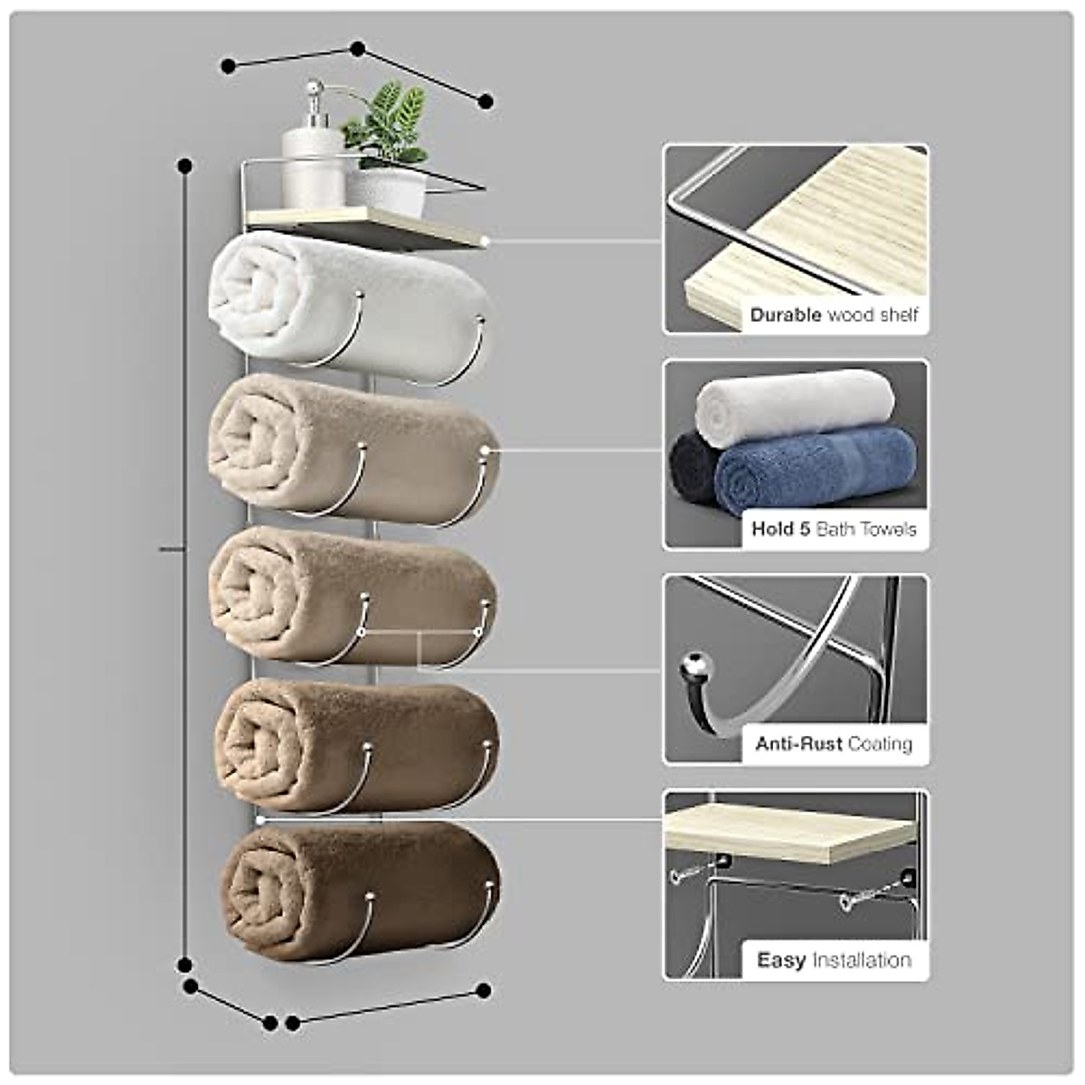 Sorbus Towel-Rack for Bathroom - Wall Mounted Metal Organization Rack with Wooden Top Shelf & 5 Tiers - Holds Full Sized Bath-Towels, Washcloths, Linens, & Hand-Towels - Easy Installation