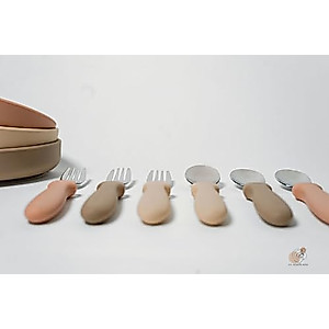My Modern Mom Toddler Utensils - Spoons and Forks Set - 6 Pack Feeding Cutlery – Apricot, Cream and Sand Colors – Stainless Steel with Silicone Handles – Food Grade Silicone – Dishwasher Safe