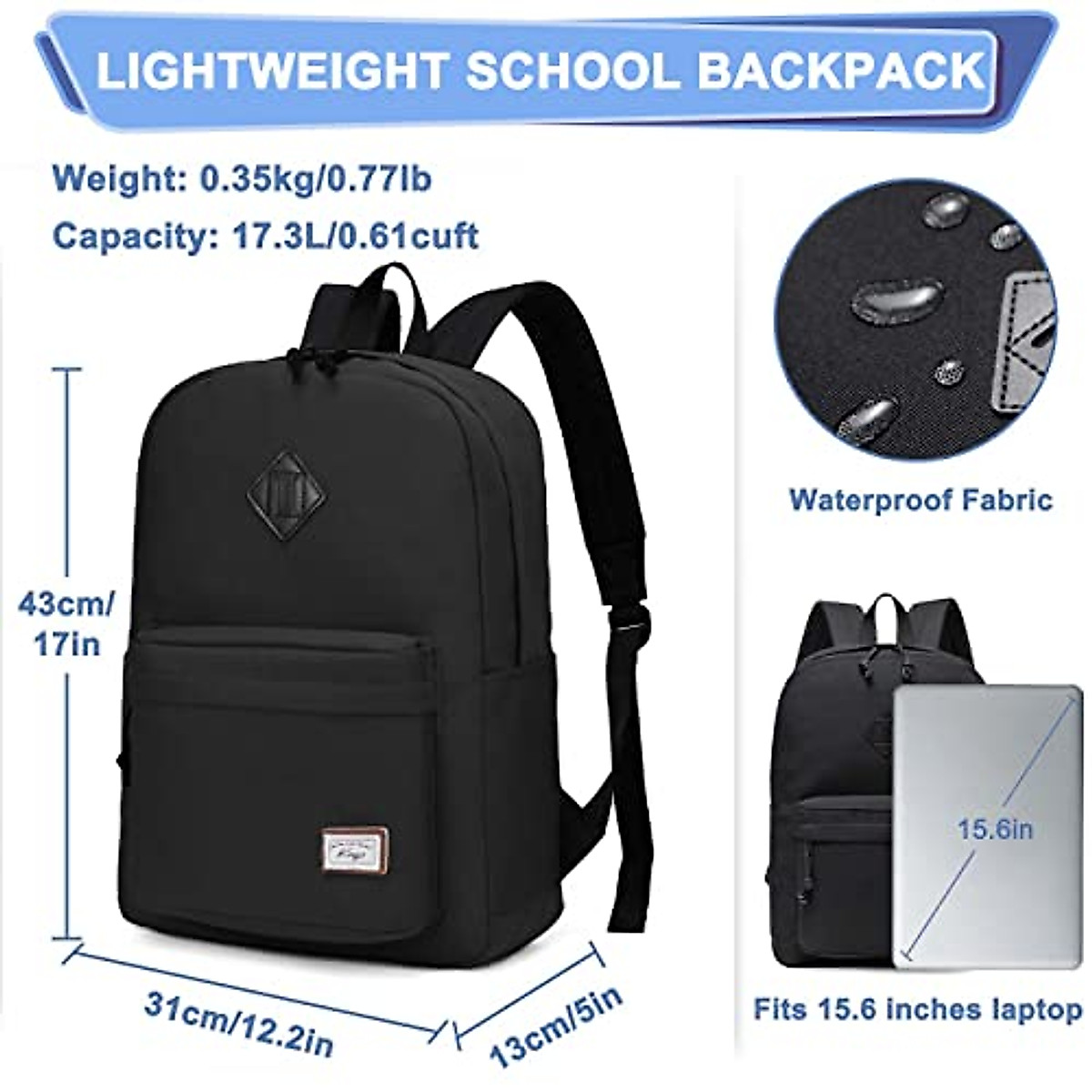 Kasqo Lightweight School Backpack, Large Capacity Water-Resistant Casual College Bookbag for Men Women Teen Girls Boys, Black