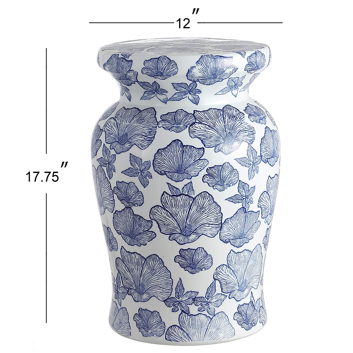 JONATHAN Y TBL1018A Poppies 17.7" Ceramic Garden Stool, Stylized Flower Design, Coastal, Contemporary, Modern, Transitional, Side Table, Plant Stand, Living Room, Garden Room, Patio, White/Blue