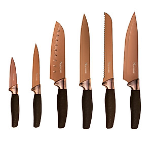 New England Cutlery NE8807 7 Piece Titanium-Coated Knife Set with Invisible Wood Block, Bronze