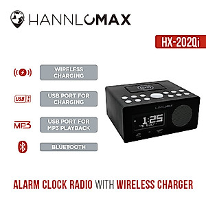HANNLOMAX HX-202Qi Alarm Clock Radio, Wireless Charging, Bluetooth, 10W Output Power, Dual USB Ports for Charging and MP3 Playback, Temperature, Nightlight, Time Zone, Aux-in. (Black)