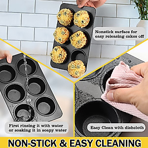 P&P CHEF 6-Cup Muffin Pan Tray Set of 2, Cupcake Pans, Nonstick Coated Stainless Steel Muffin Tin for Baking Mini Egg Cake Brownie Tart, Easy Release & Healthy, Standard Cup Size, Black